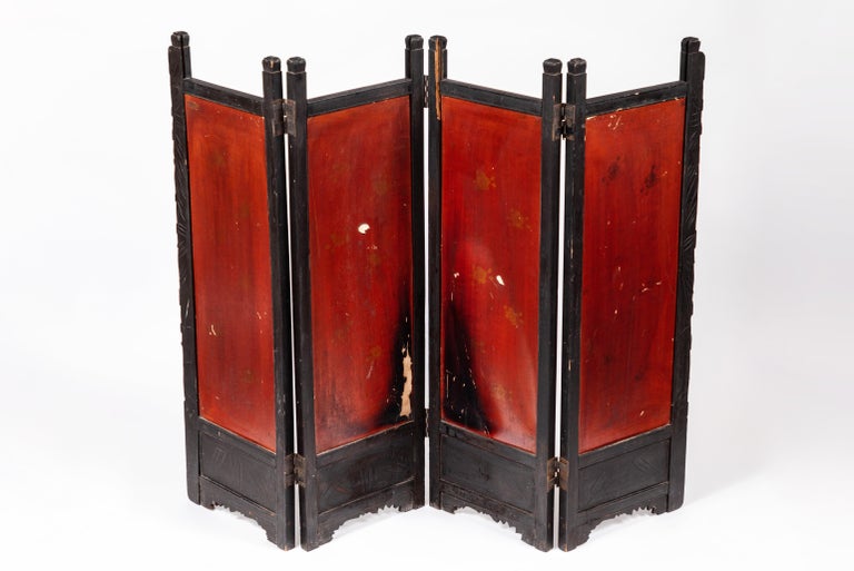 Antique Japanese Hand Carved, Black Lacquer Table Top 4-Panel Folding ...