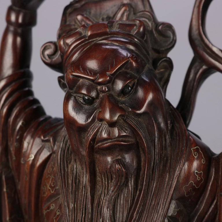 Antique Japanese Hand Carved Hardwood Figures with Cloud Band Metalwork ...