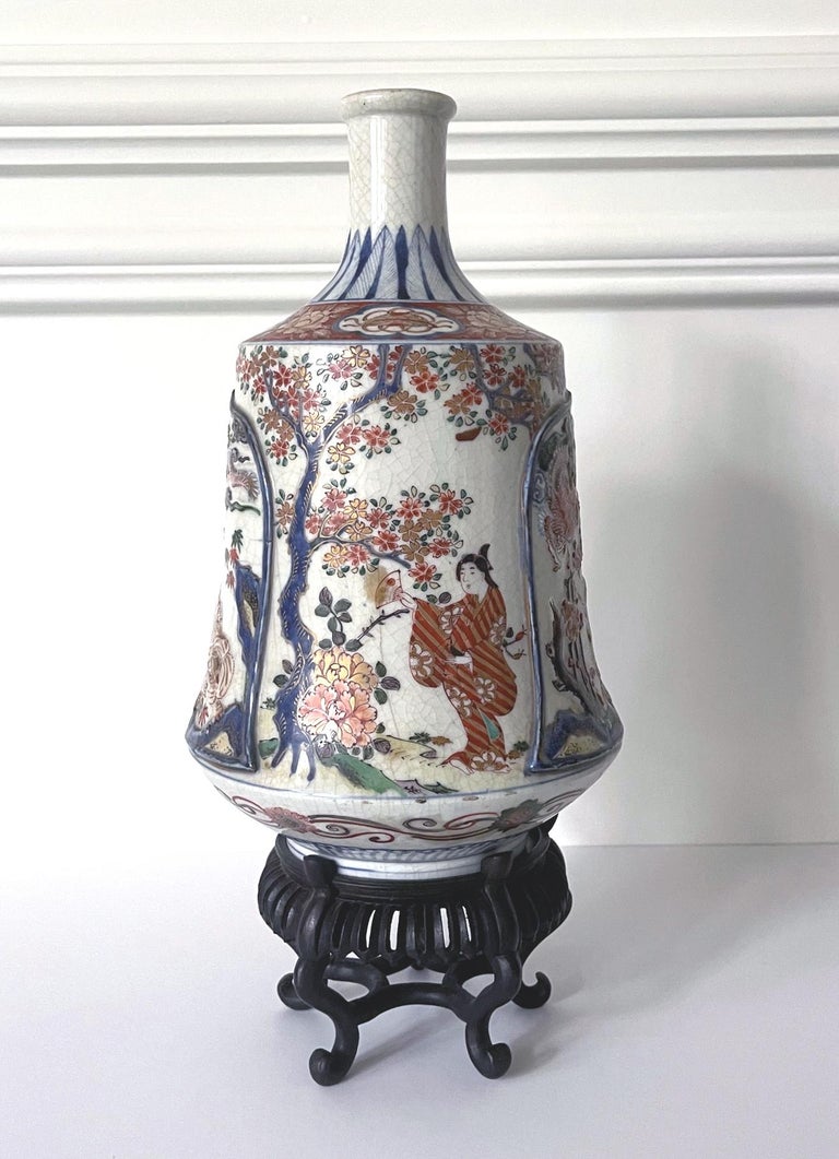Antique Japanese Imari Bottle Vase on Wood Stand For Sale at 1stDibs