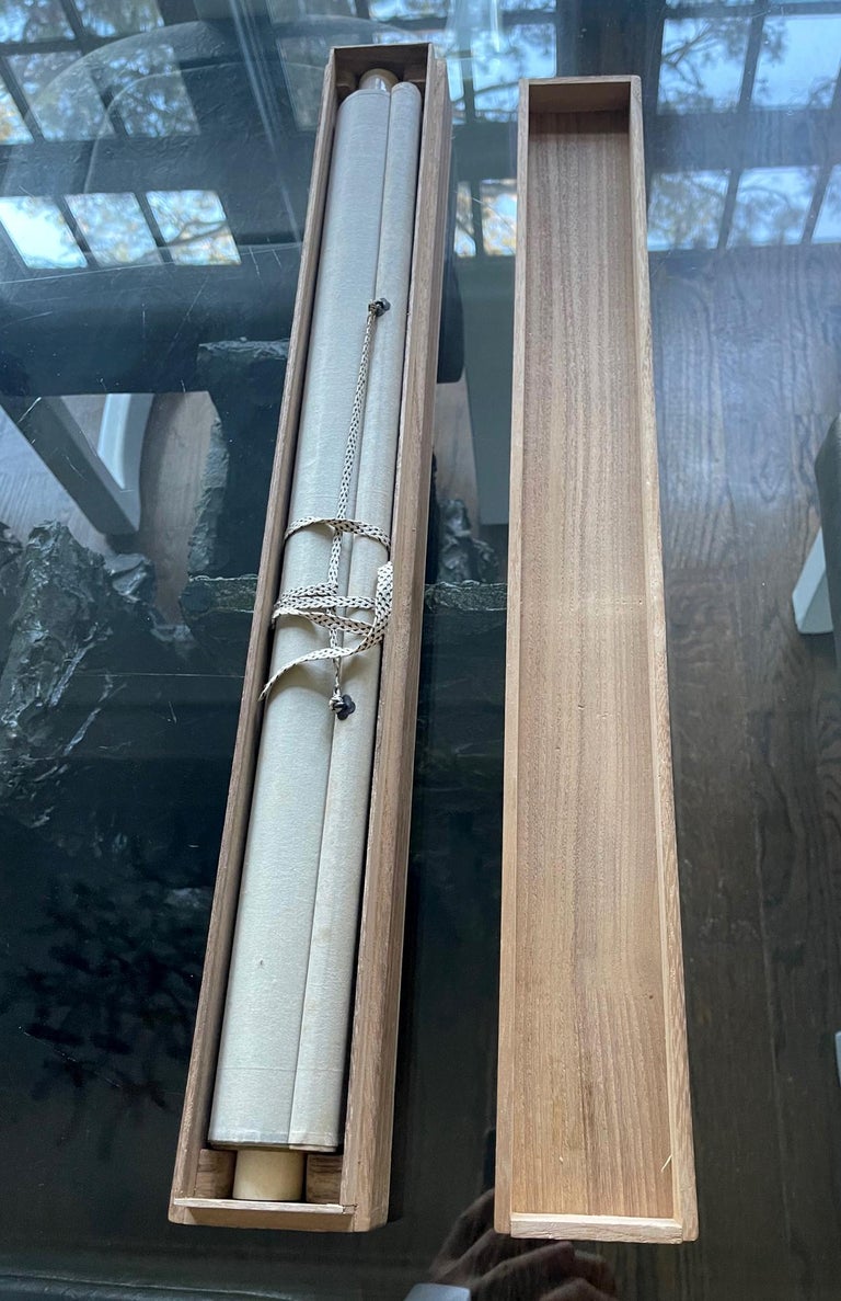 Antique Japanese Ink Hanging Scroll Hidaka Tetsuo with Wood Storage Box ...