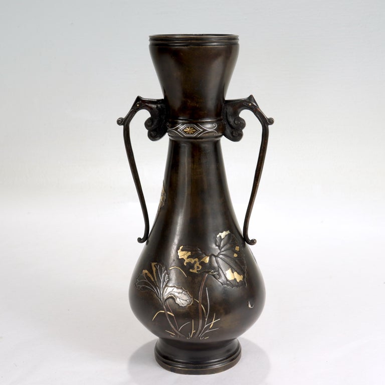 Antique Japanese Inlaid Bronze and Mixed Metals Handled Butterbur ...