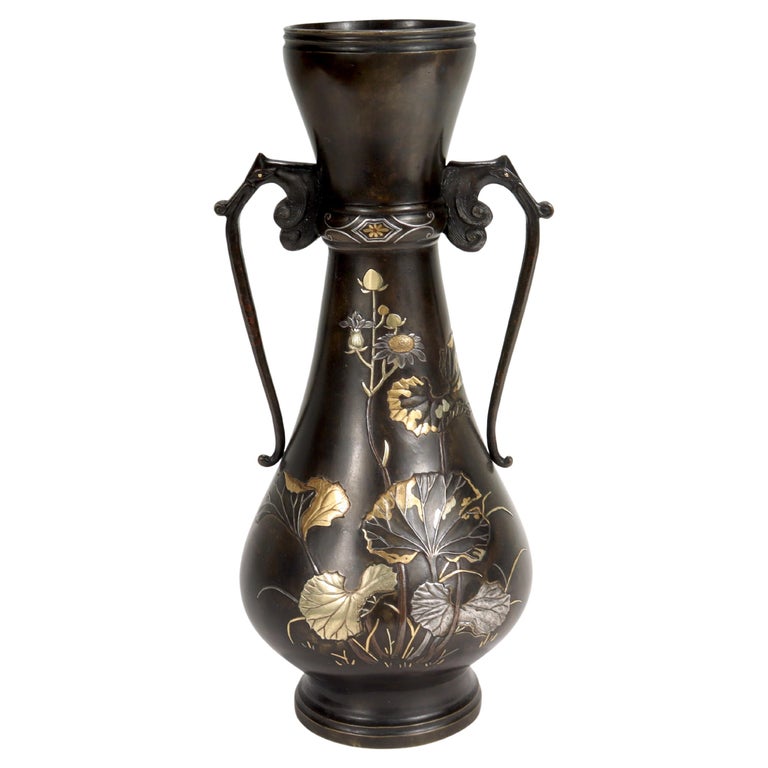 Antique Japanese Inlaid Bronze and Mixed Metals Handled Butterbur ...