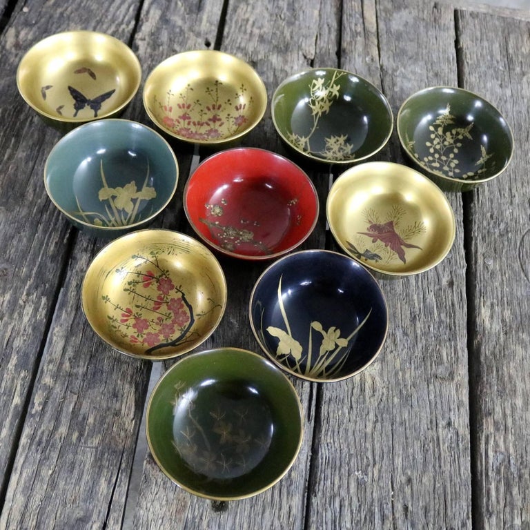 Antique Japanese Maki-E Lacquered Rice or Soup Bowls, Set of Ten at ...