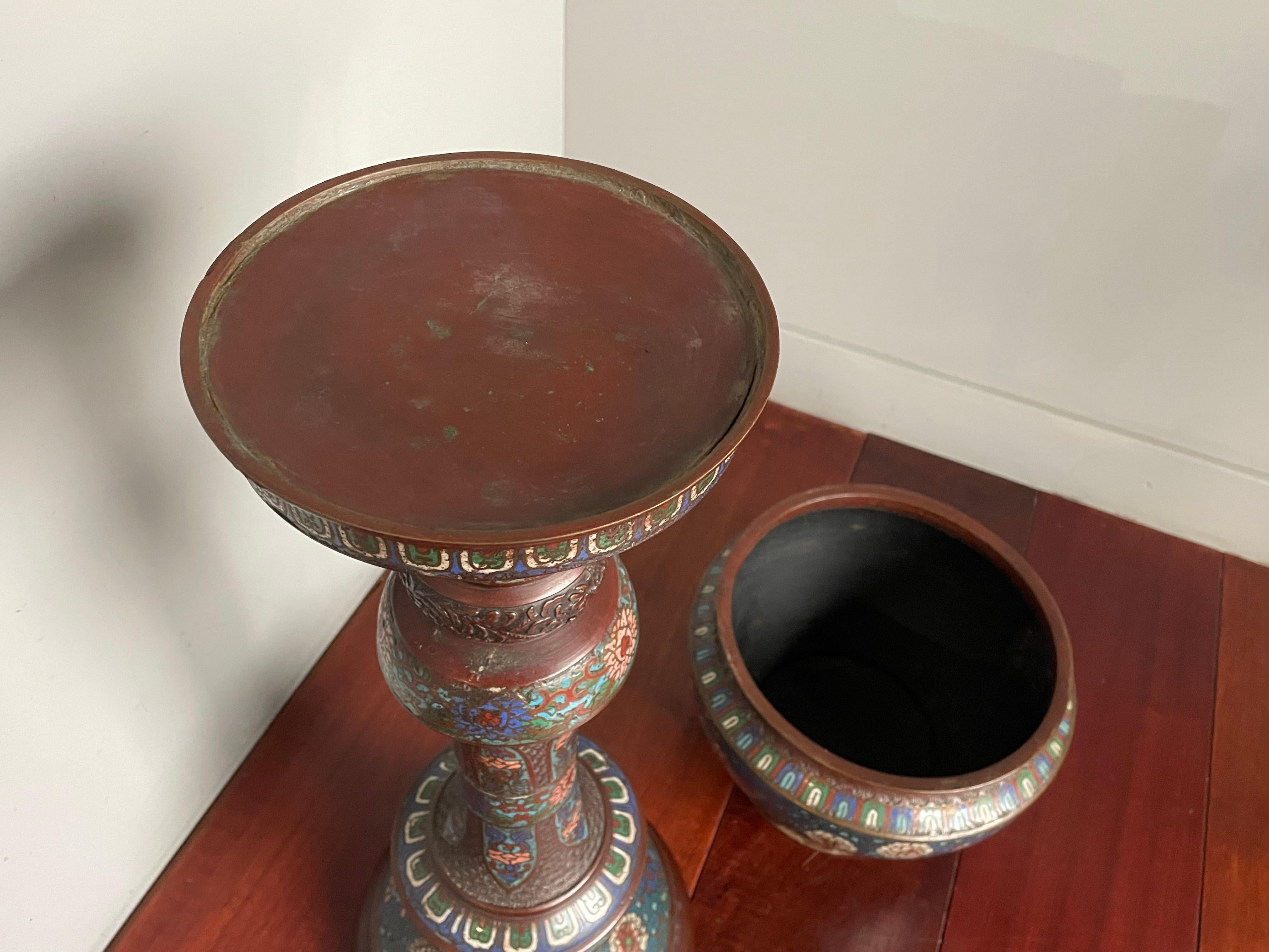 Antique Japanese Meiji Enameled Bronze / Cloisonné Planter and Pedestal ...