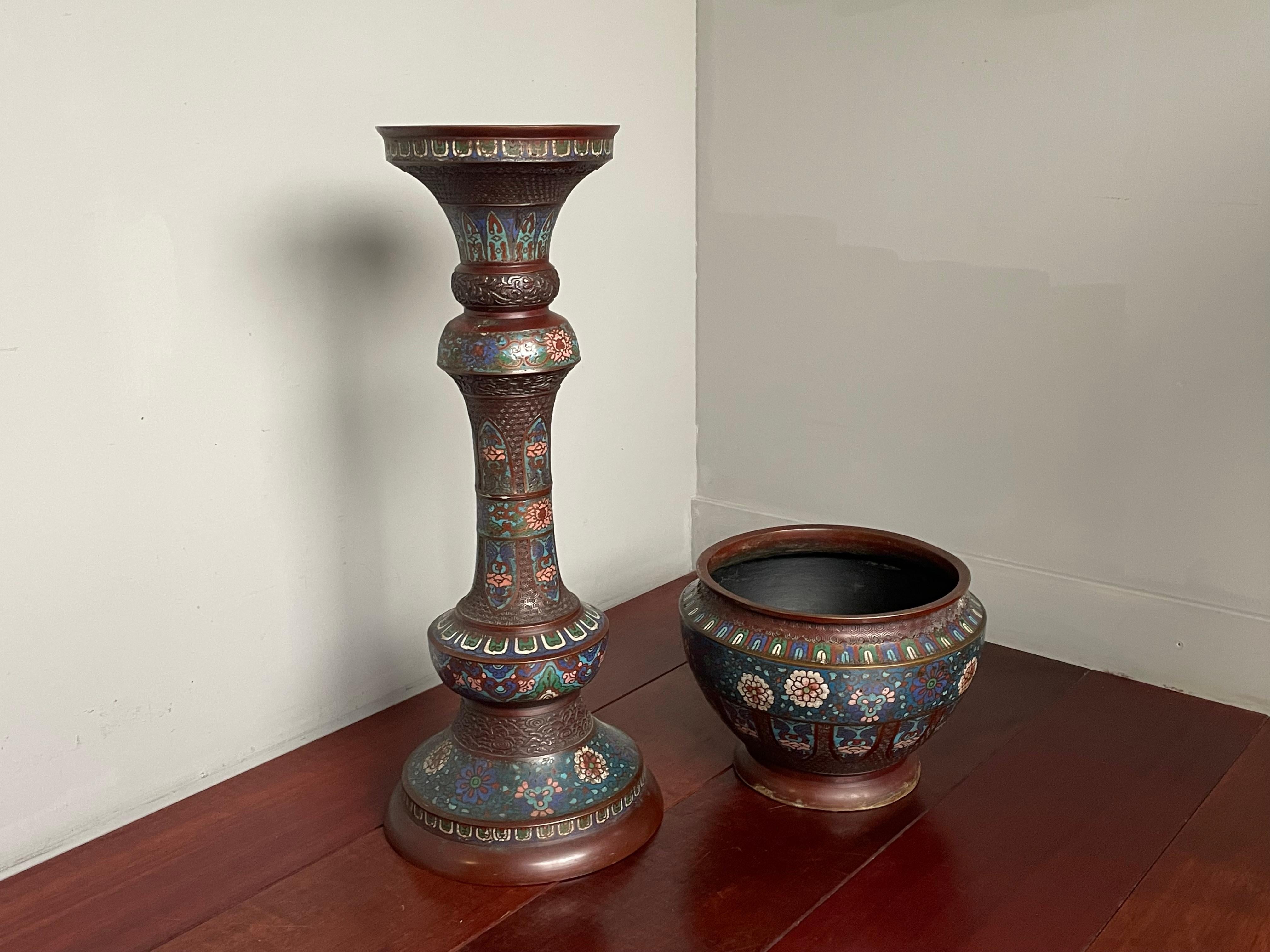 Antique Japanese Meiji Enameled Bronze / Cloisonné Planter and Pedestal ...