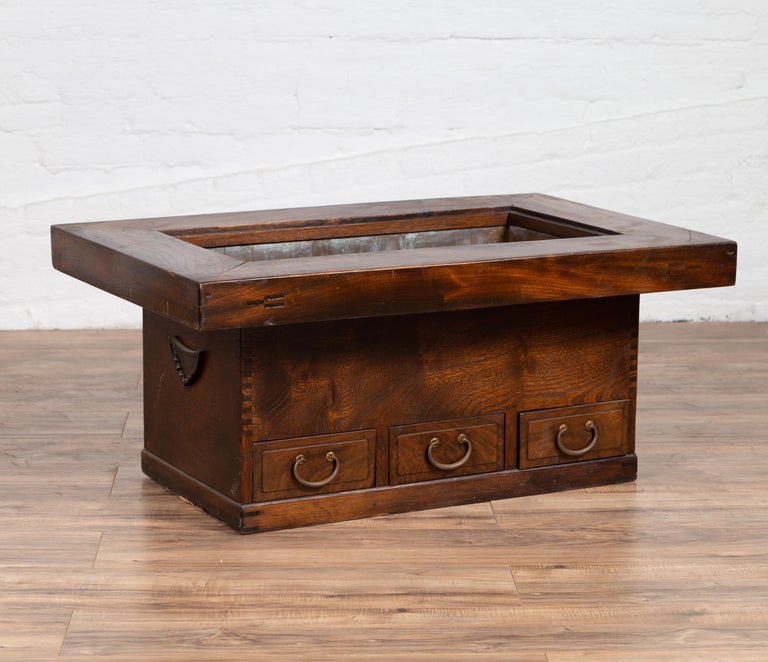 Antique Japanese Meiji Period Keyaki Wood Hibachi with Copper Liner and ...