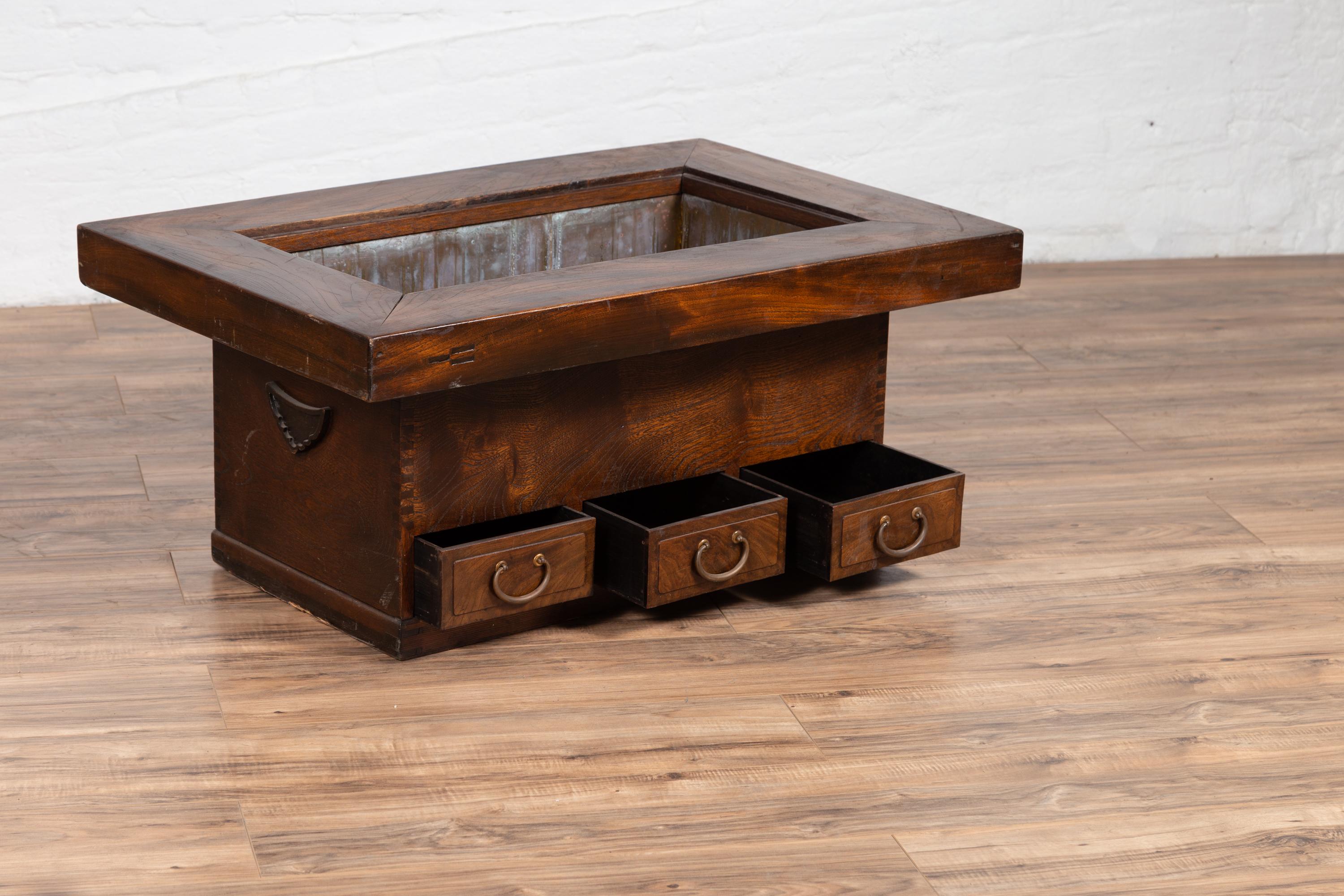 Antique Japanese Meiji Period Keyaki Wood Hibachi with Copper Liner and ...