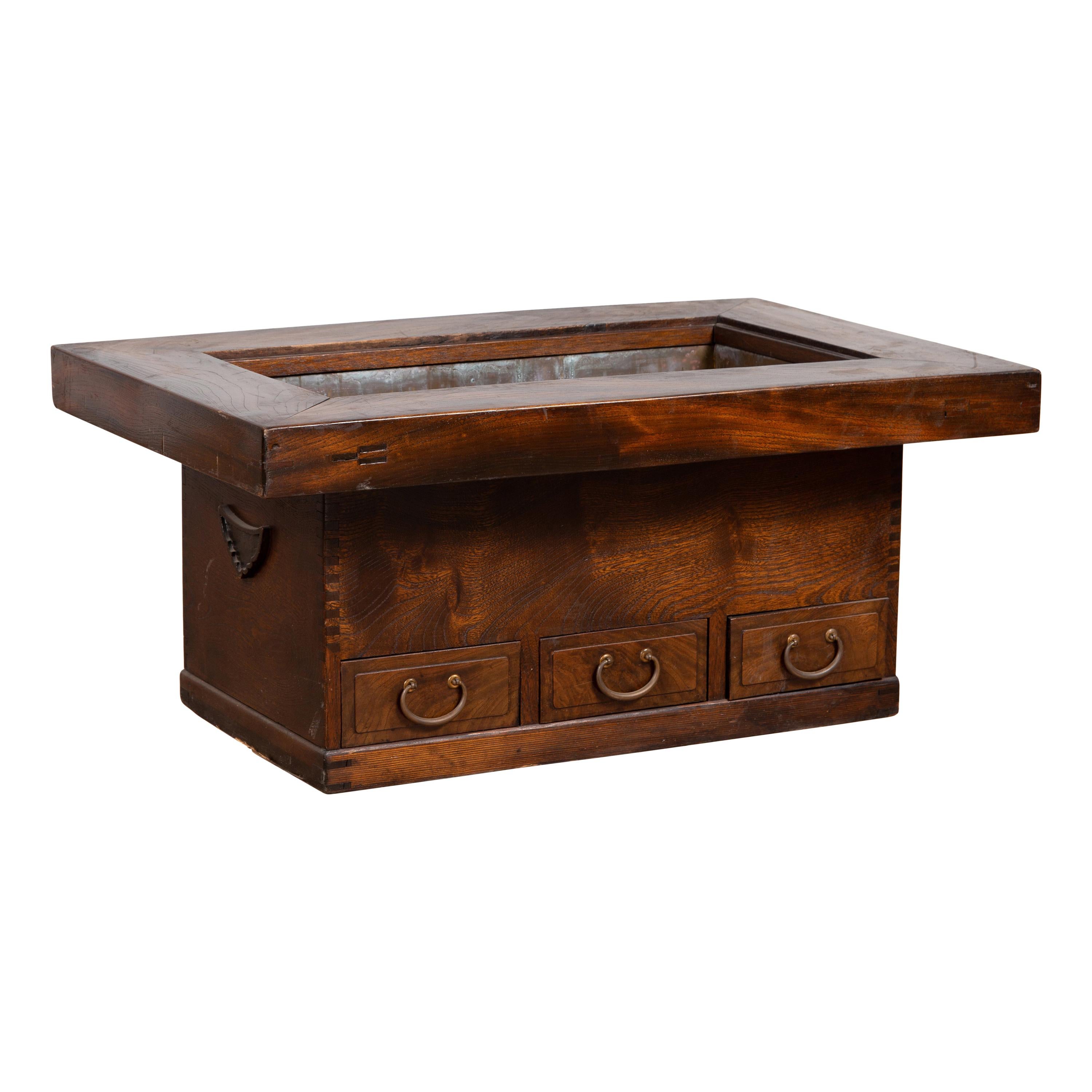 Antique Japanese Meiji Period Keyaki Wood Hibachi with Copper Liner and ...