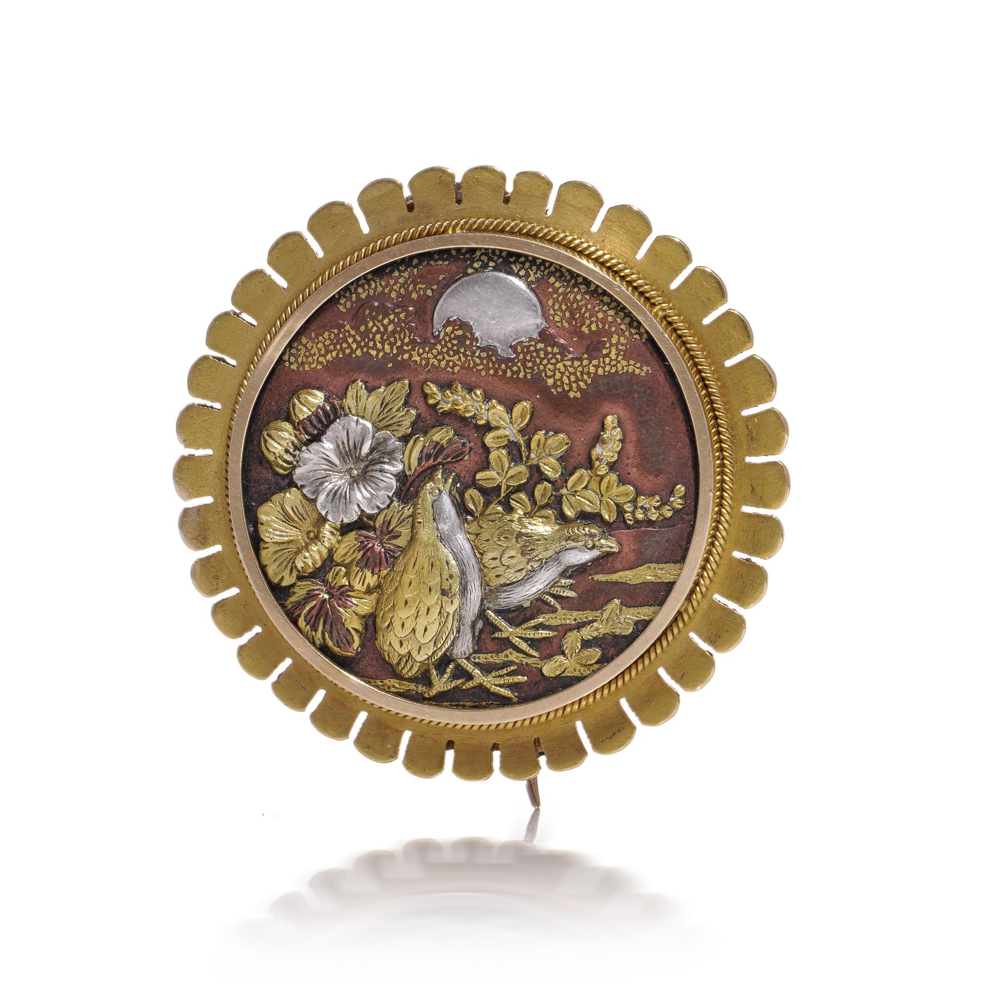 Antique Japanese Shakudo Brooch Mounted in 18kt Gold. For Sale at 1stDibs