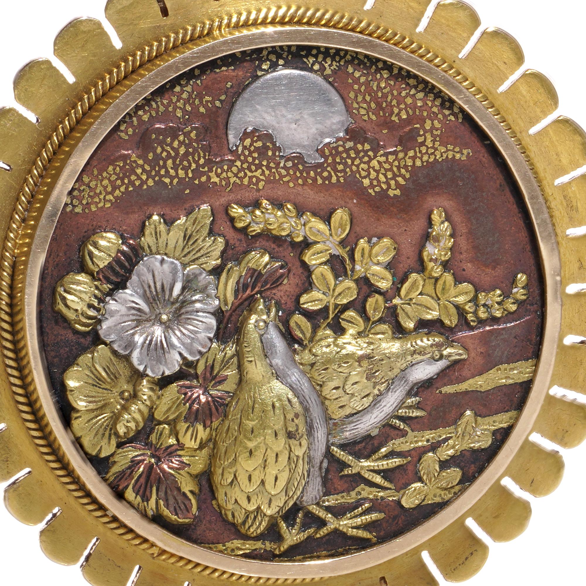 Antique Japanese Shakudo Brooch Mounted in 18kt Gold. For Sale at 1stDibs