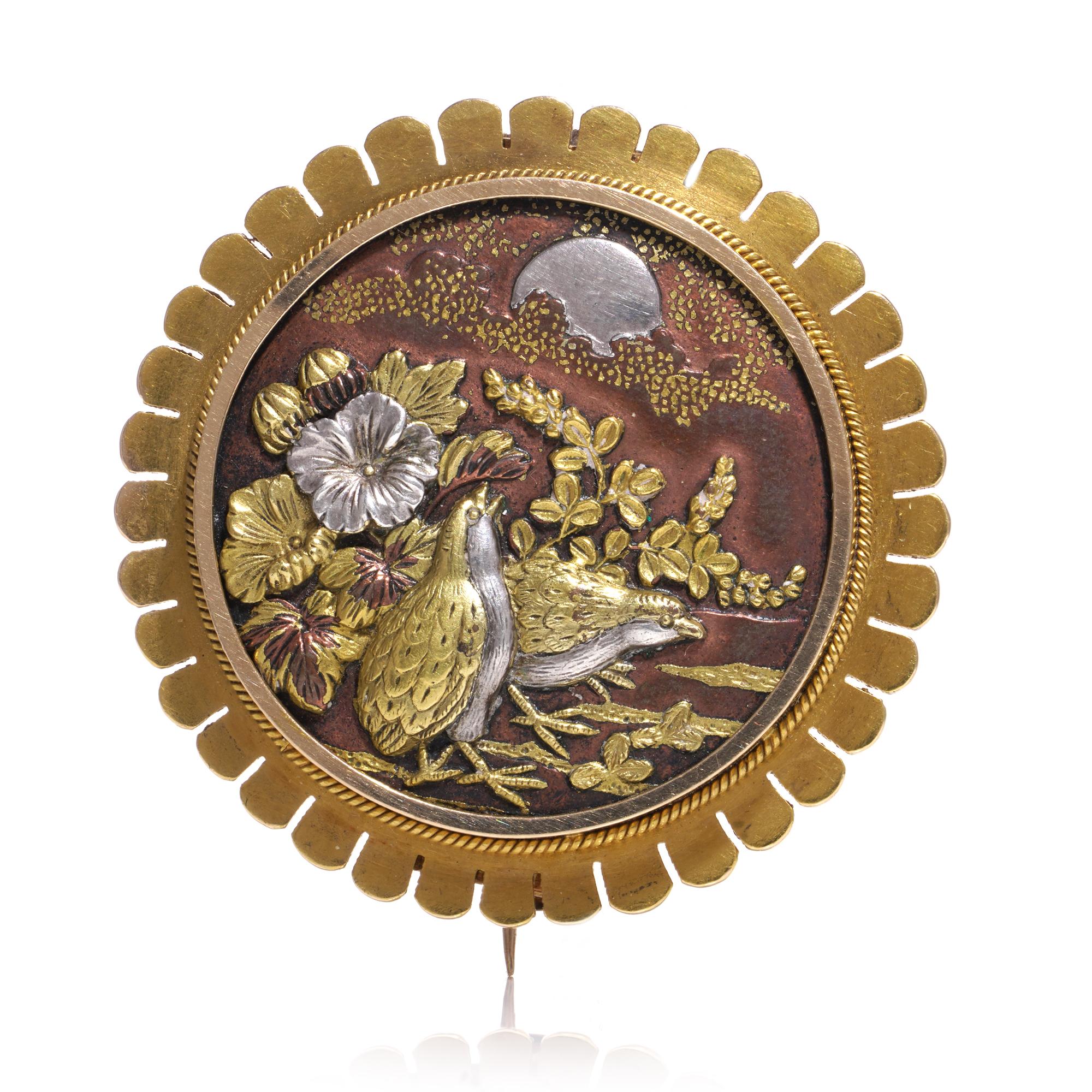 Antique Japanese Shakudo Brooch Mounted in 18kt Gold. For Sale at 1stDibs