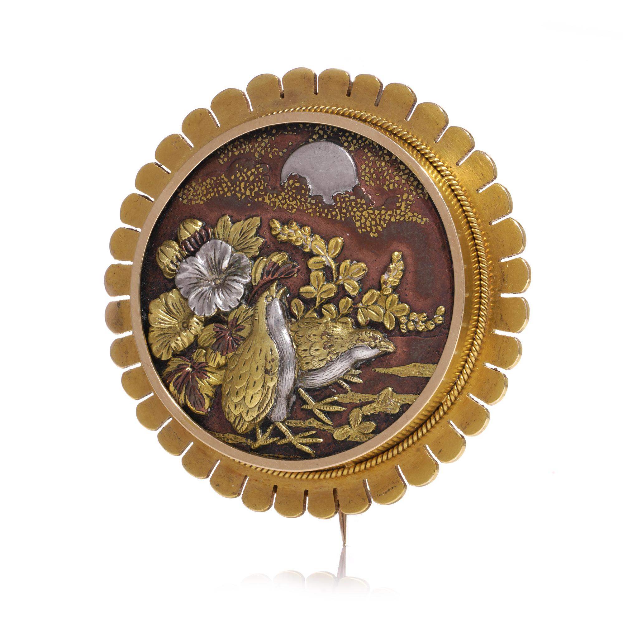 Antique Japanese Shakudo Brooch Mounted in 18kt Gold. For Sale at 1stDibs