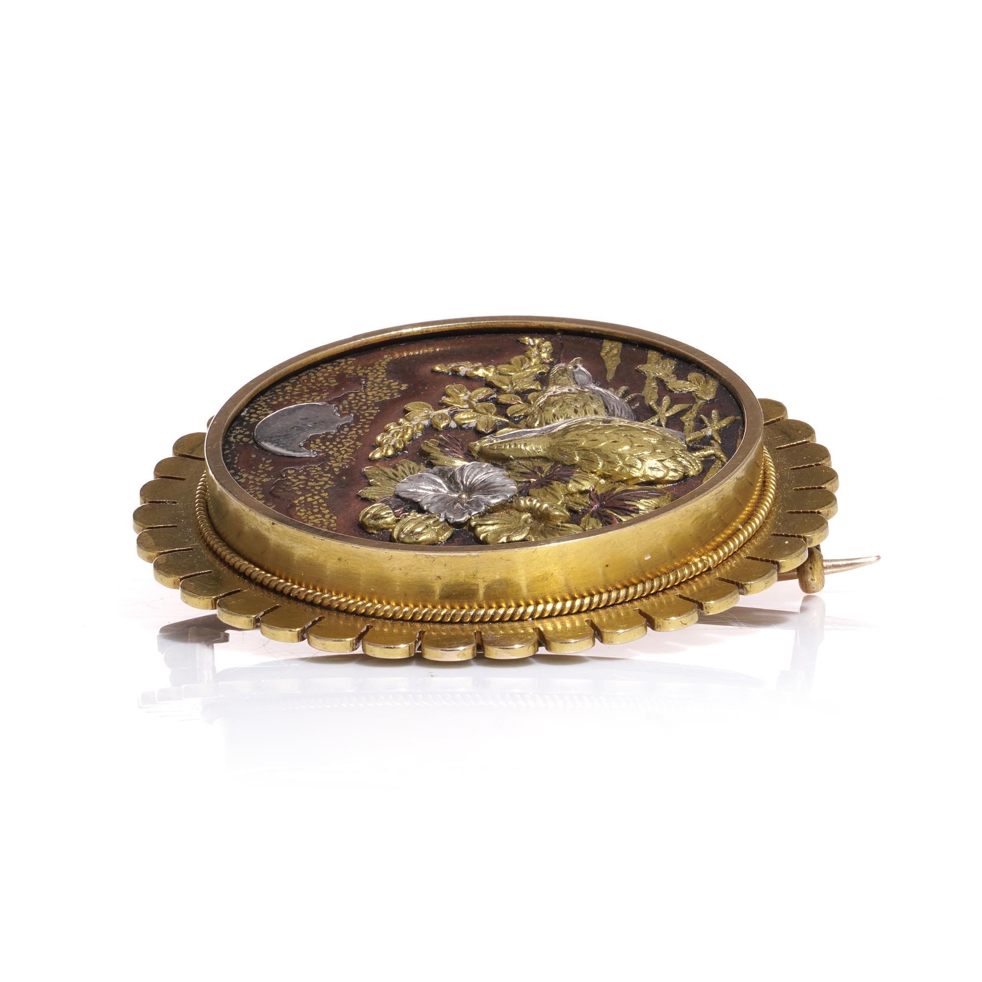 Antique Japanese Shakudo Brooch Mounted in 18kt Gold. For Sale at 1stDibs