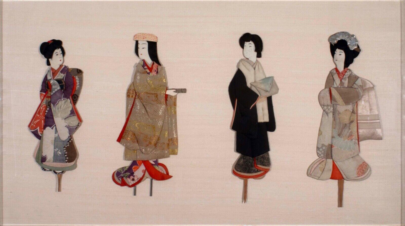 Antique Japanese Silk Brocade Oshie Art Geisha Puppet Dolls in Shadow ...