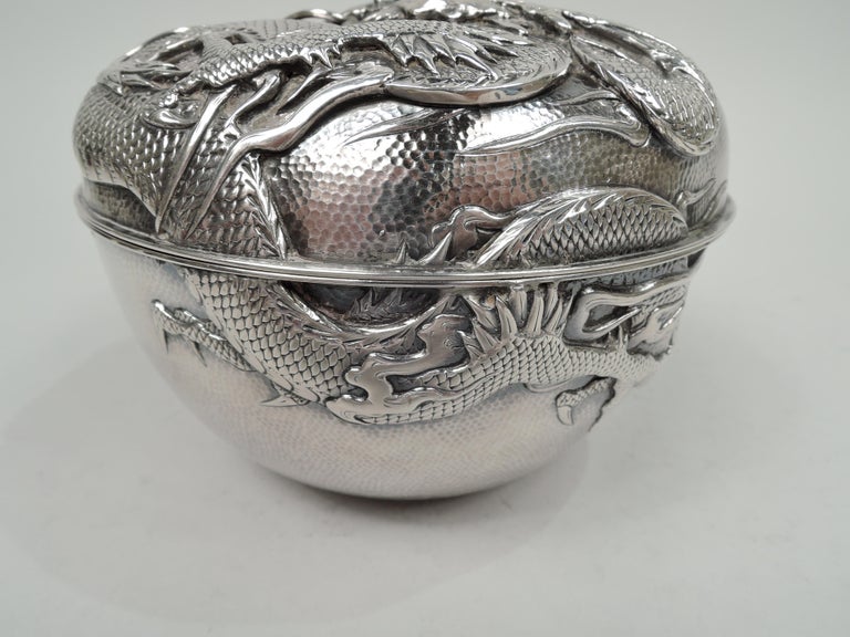 Antique Japanese Silver Dragon Box in Rare Round Form For Sale at 1stDibs