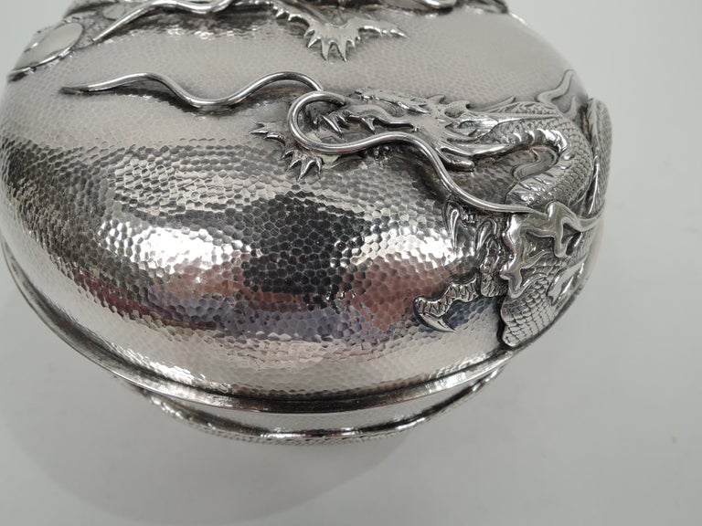 Antique Japanese Silver Dragon Box in Rare Round Form For Sale at 1stDibs