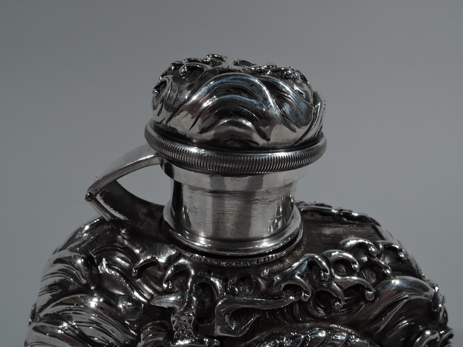 Antique Japanese Silver Flask with Dramatic Dragon and Waves For Sale ...
