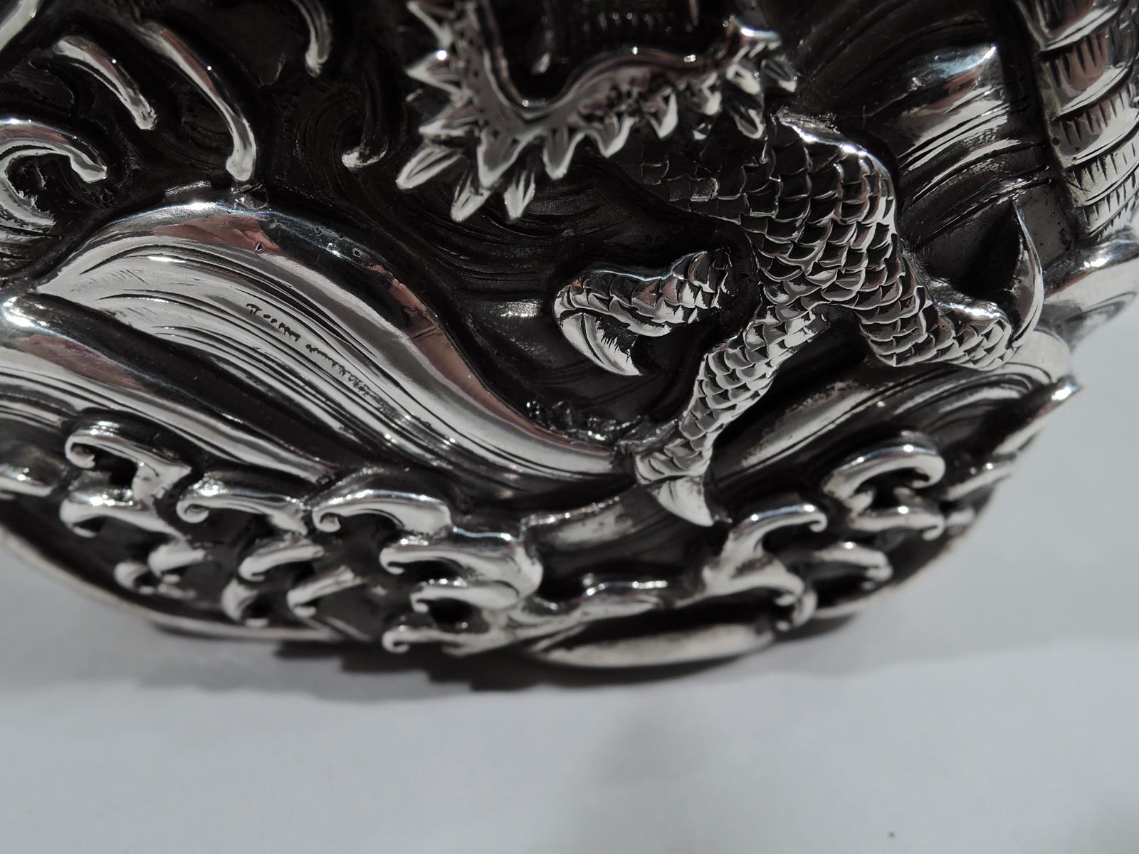 Antique Japanese Silver Flask with Dramatic Dragon and Waves For Sale ...