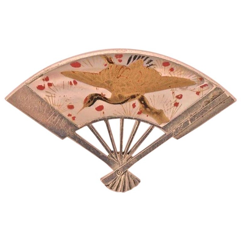 Antique Japanese Silver Plated Fan Brooch Hand Painted on Mother of ...
