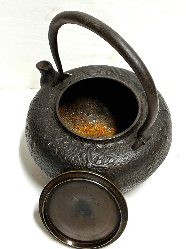 Antique Japanese Tetsubin Signed Bronze and Cast Iron Tea Pot Kettle For Sale at 1stDibs