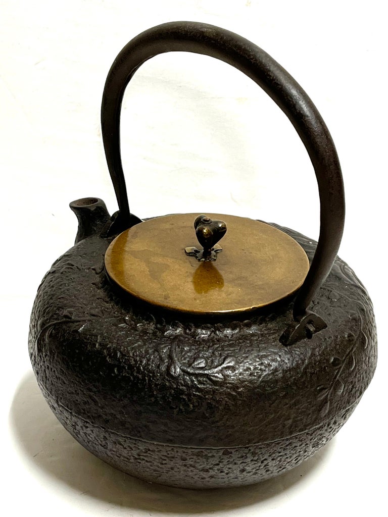 Antique Japanese Tetsubin Signed Bronze and Cast Iron Tea Pot Kettle For Sale at 1stDibs