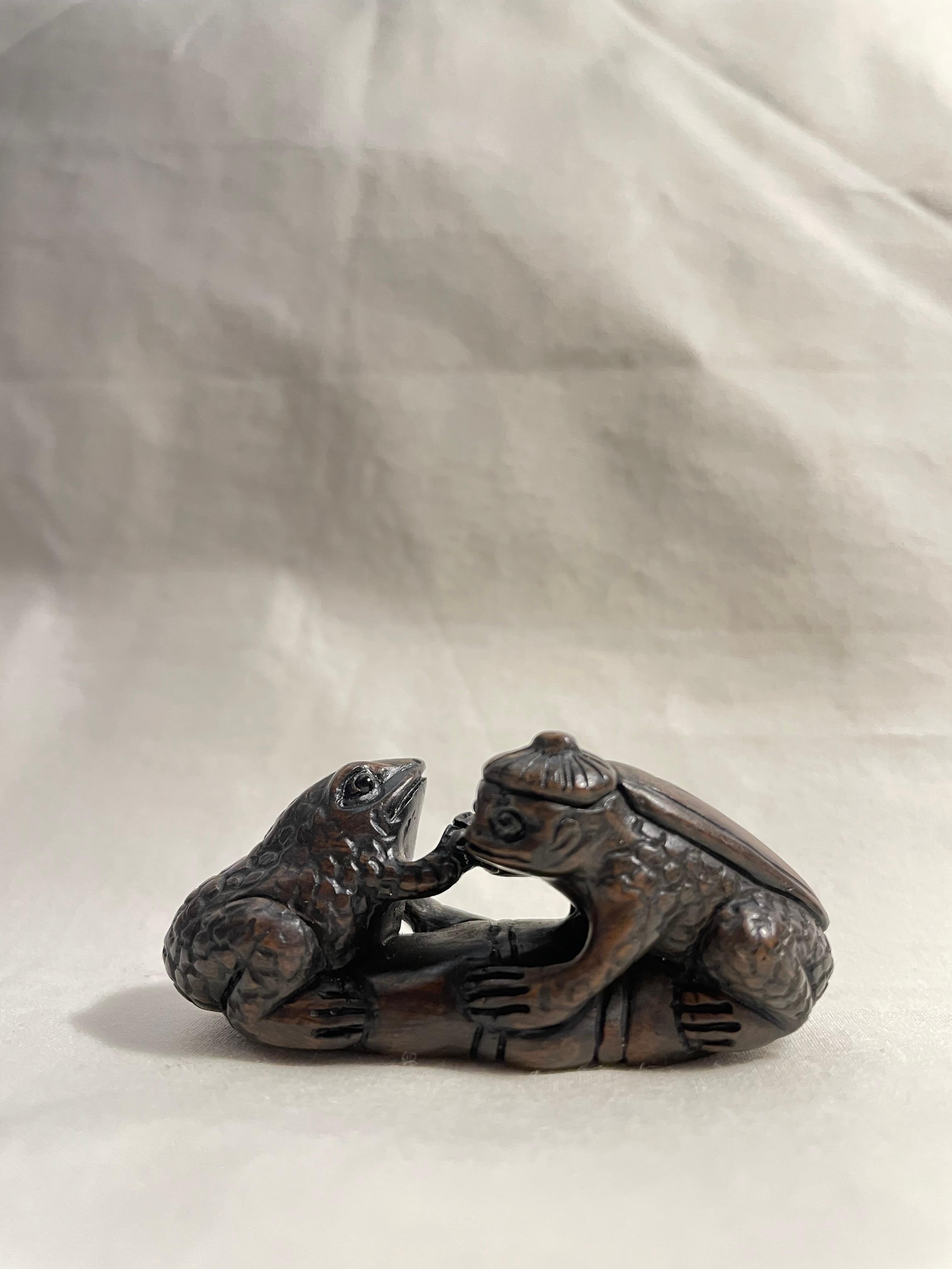 Antique Japanese Wooden Netsuke 'Flog and Kappa' 1950s For Sale at 1stDibs