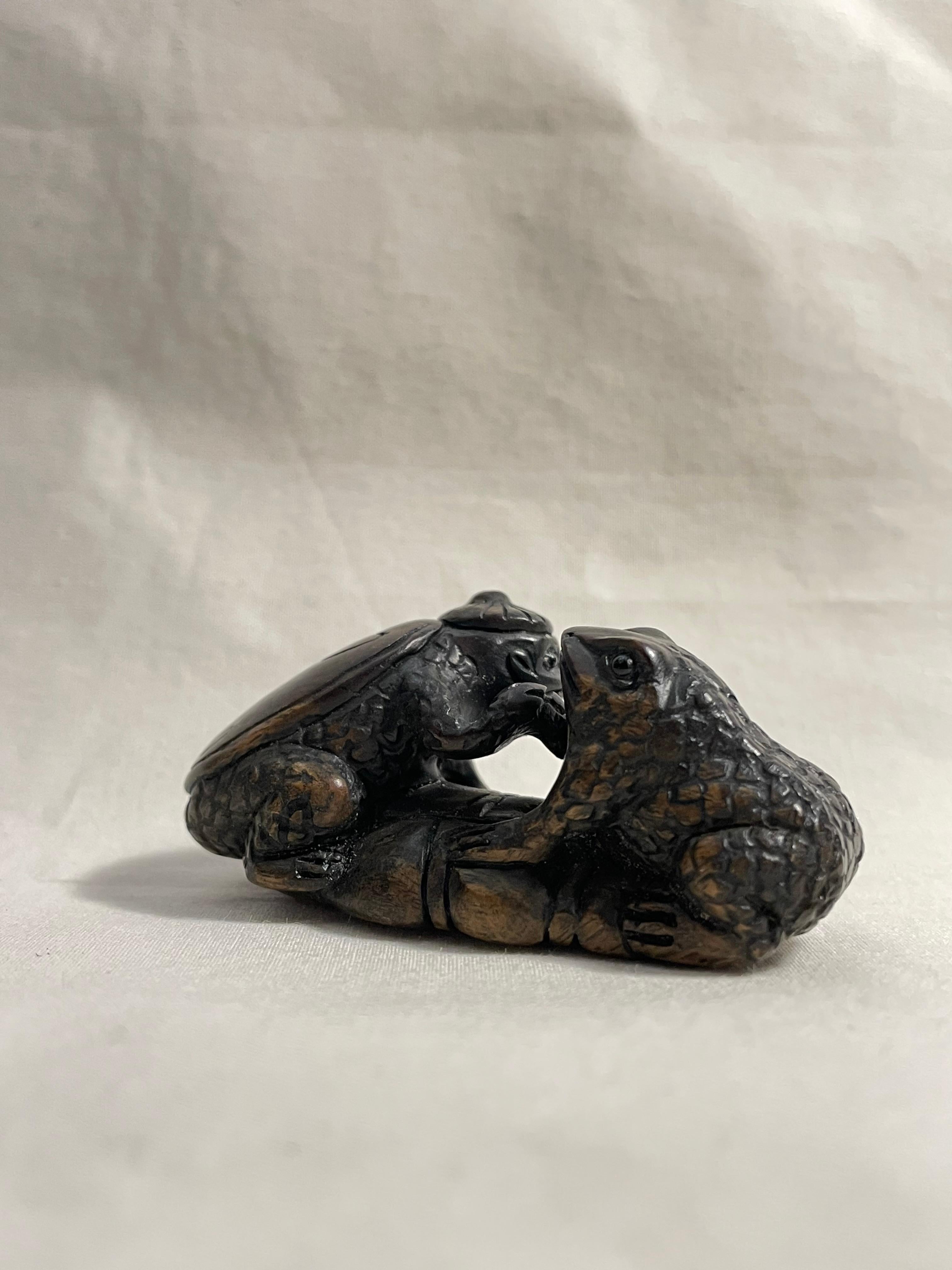 Antique Japanese Wooden Netsuke 'Flog and Kappa' 1950s For Sale at 1stDibs