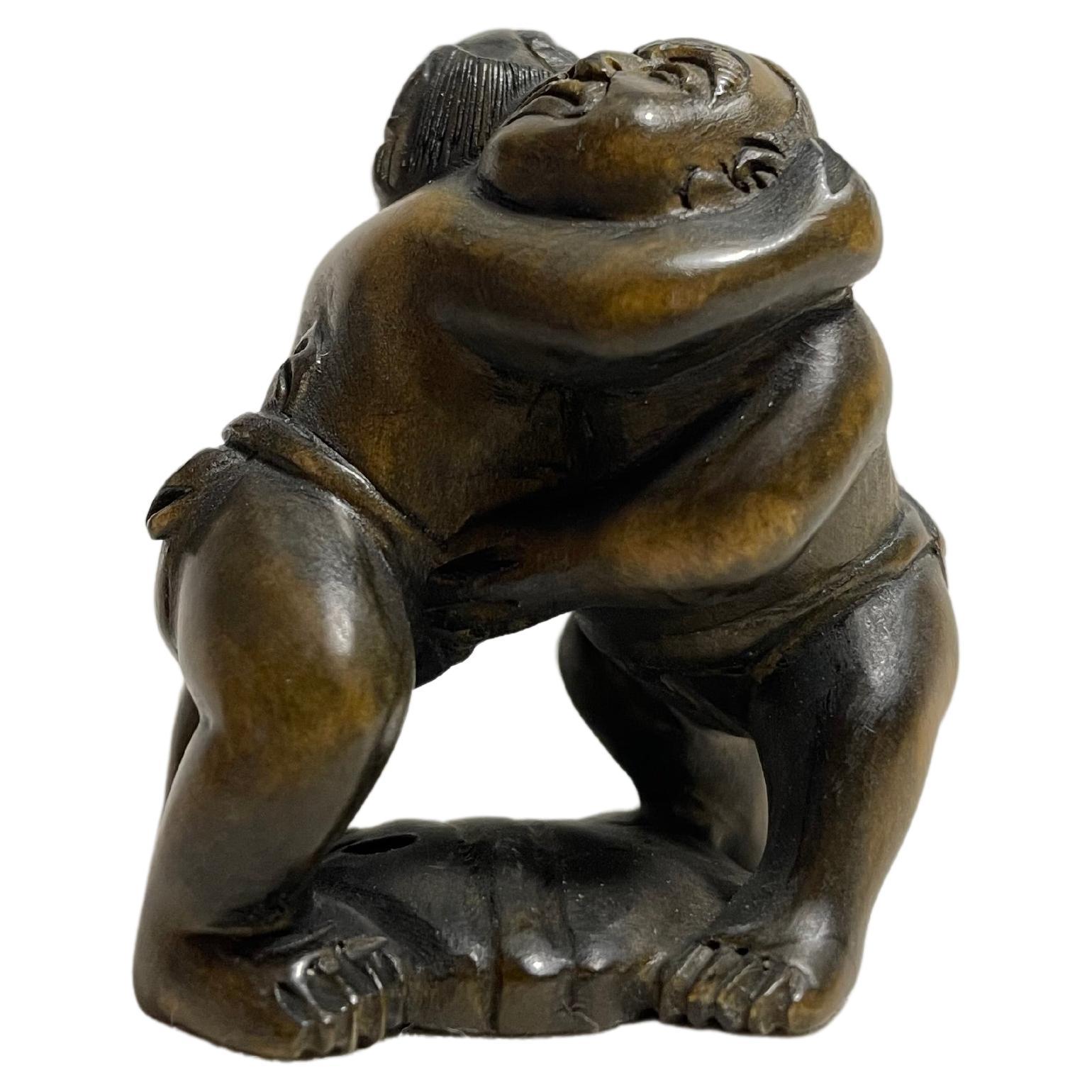 Antique Japanese Wooden Netsuke 'Sumo Wrestlers Fighting' 1920s at 1stDibs