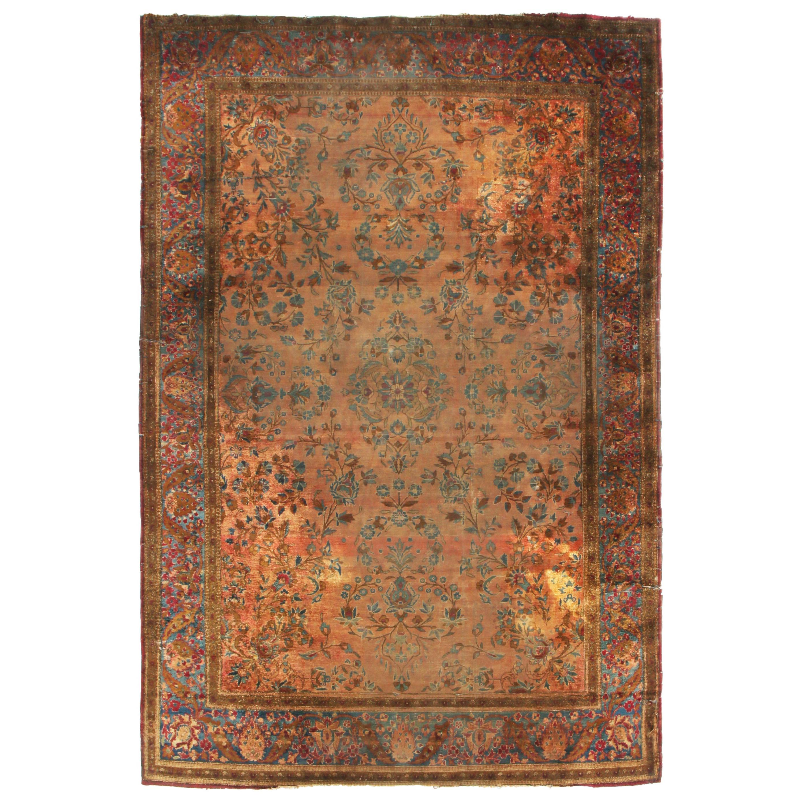 Kashan Golden-Brown and Blue Silk Persian Rug with Unique Floral ...