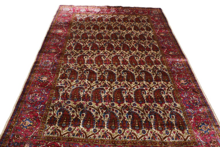 Antique Kashan Traditional Burgundy Red and Beige Wool Persian Rug For ...