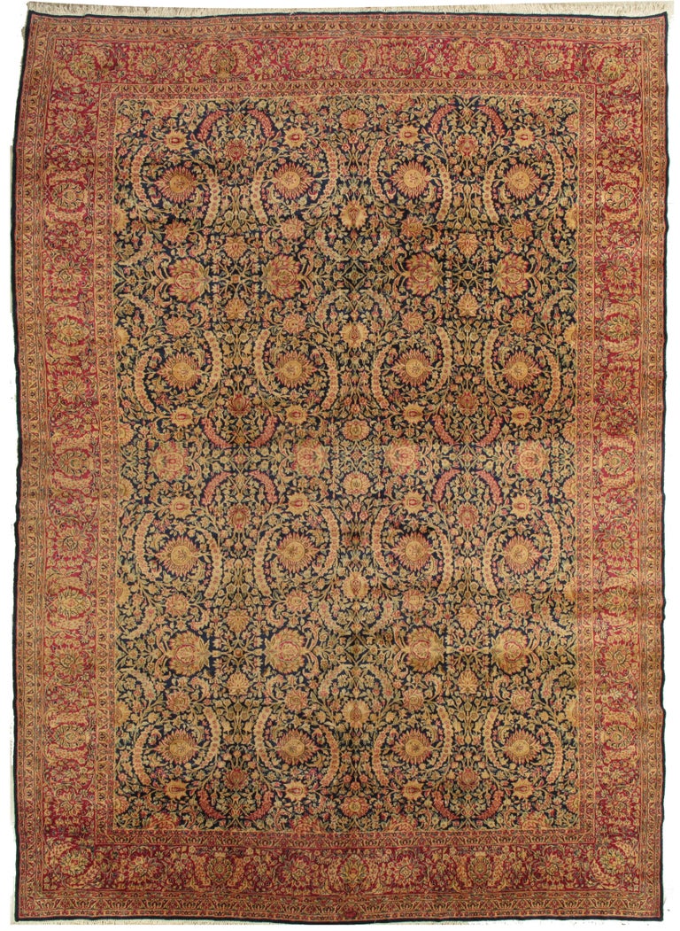 Antique Kerman Carpet, Persian Handmade Oriental Rug, Red and Blue ...