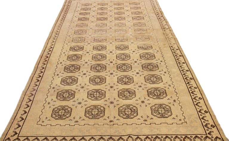 Antique Khotan Tan Handmade Geometric Pattern Wool Rug For Sale at 1stDibs