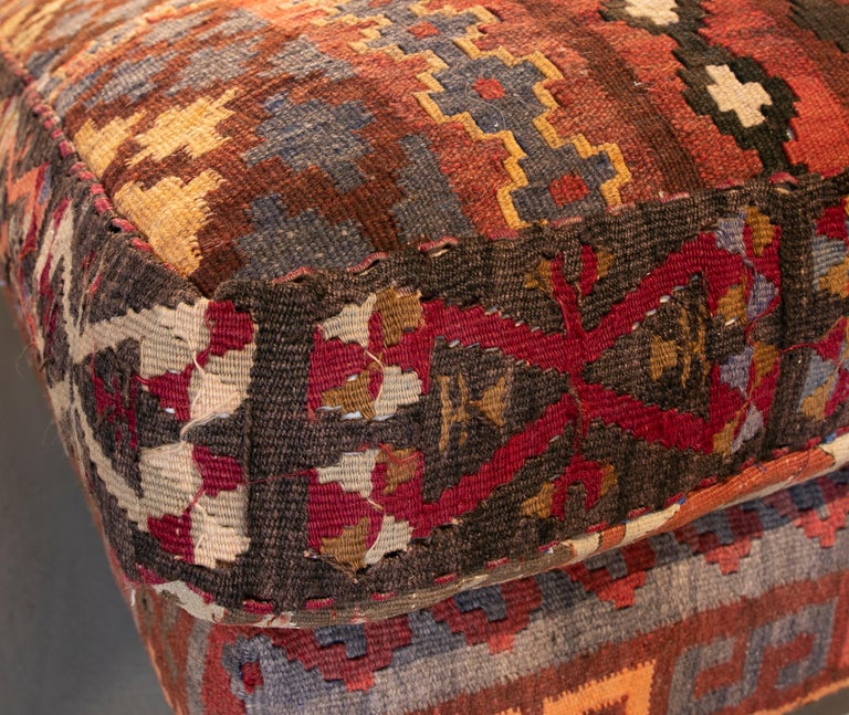 Antique Kilim Upholstered Pouffe with Four Wooden Legs and Brass ...