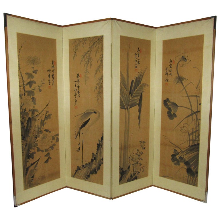 Antique Korean Four-Panel Ink Painted Screen For Sale at 1stDibs