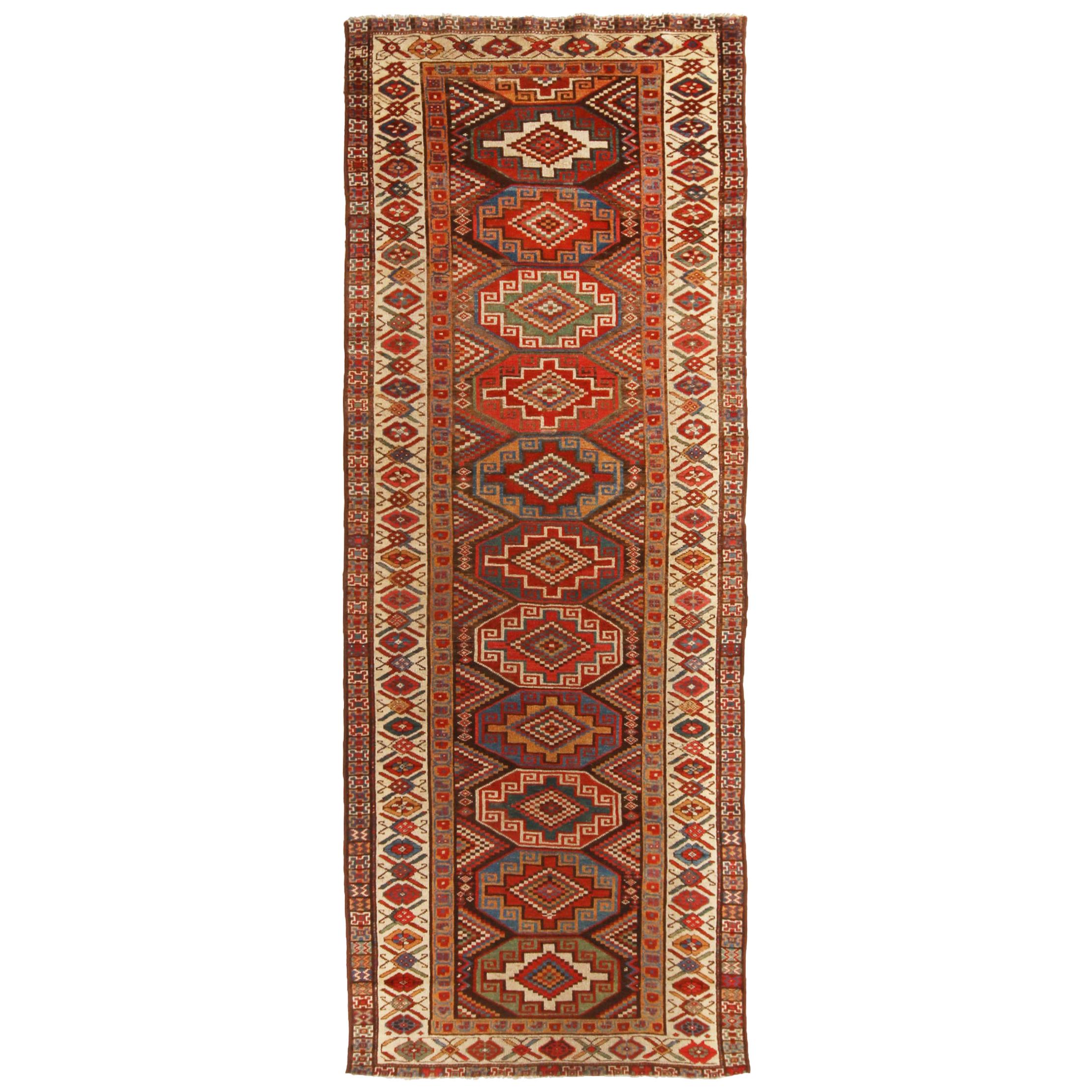 Antique Bakhshaish Red and Blue Geometric Wool Persian Runner with ...