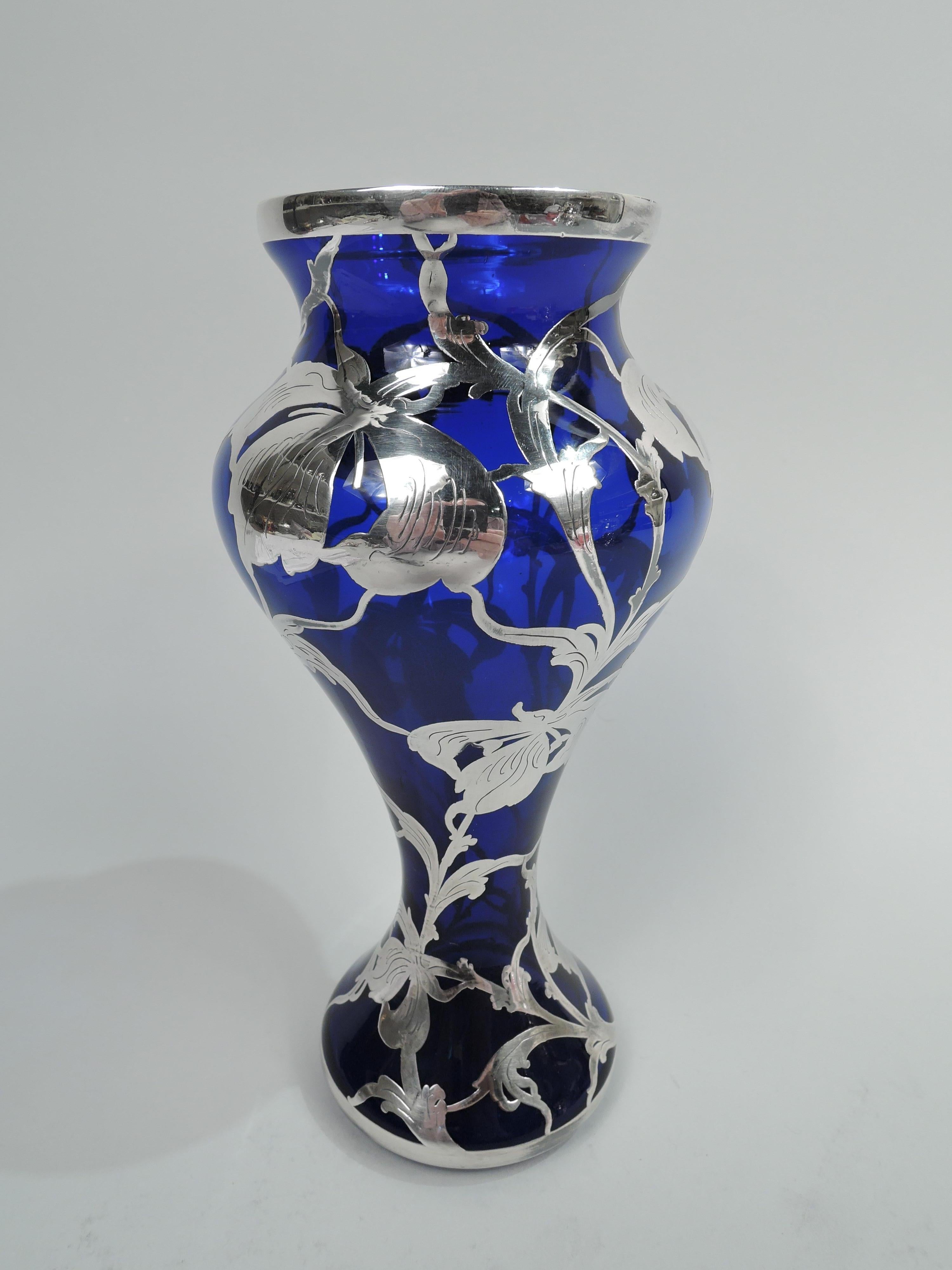 Antique La Pierre Art Nouveau Silver Overlay Vase in Rare Cobalt Blue ...