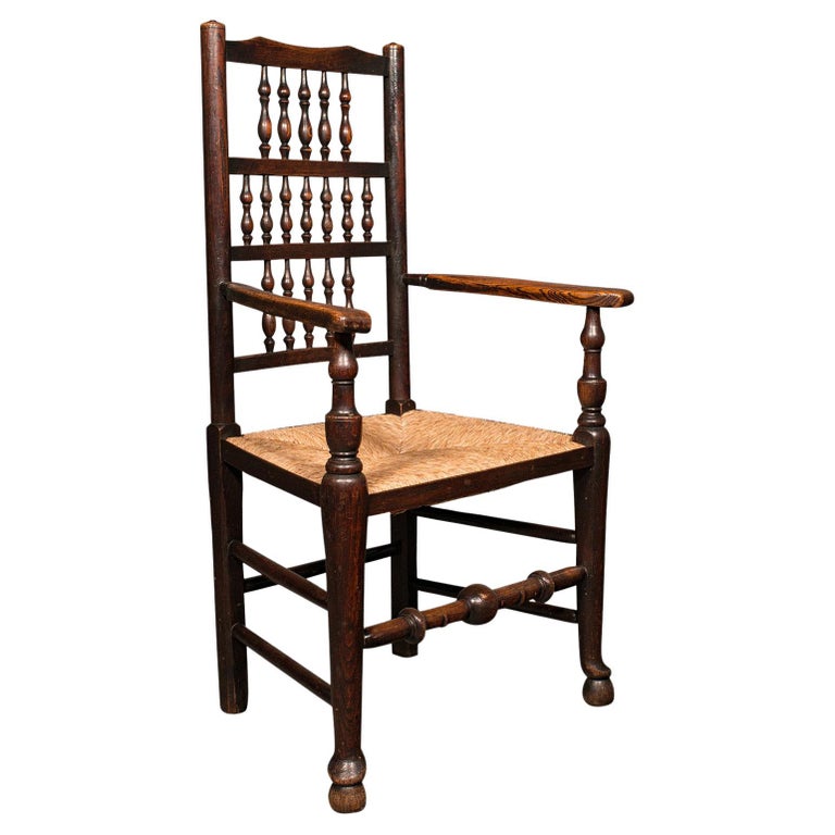 Antique Lancashire Spindle Back Elbow Chair, English Oak, Hall Carver ...