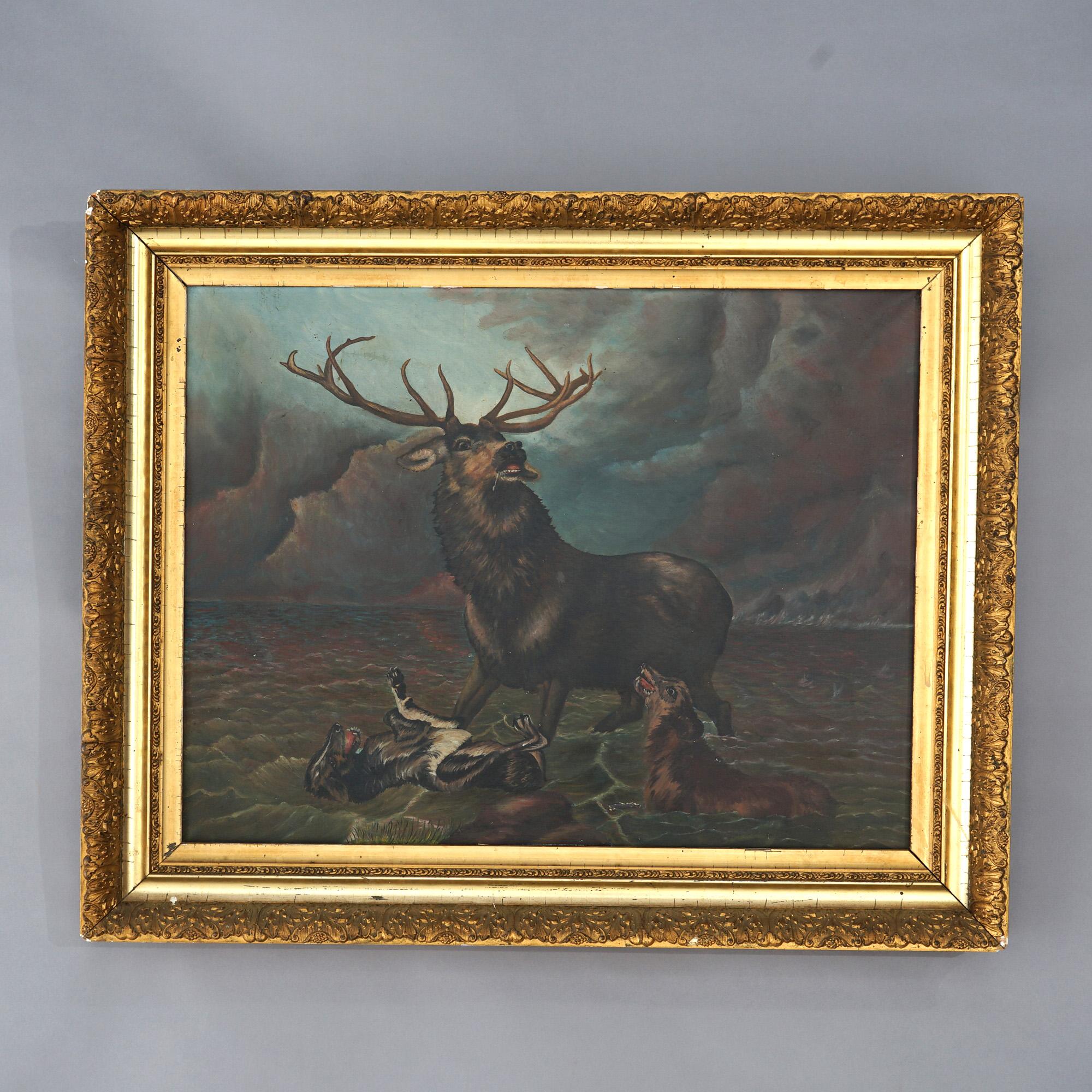 Antique Landscape Painting with an Elk and Wolves Circa 1890 For Sale ...