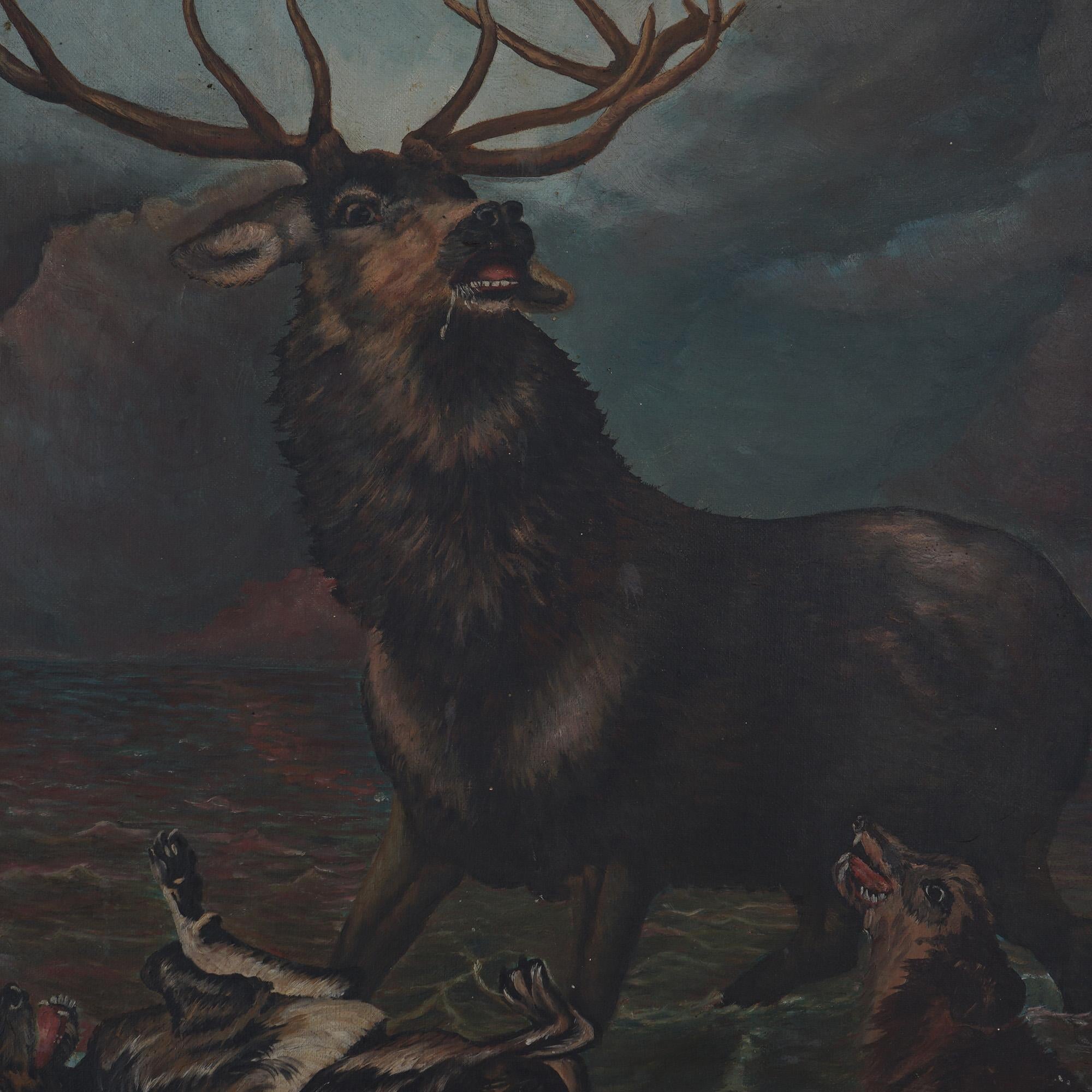 Antique Landscape Painting with an Elk and Wolves Circa 1890 For Sale ...