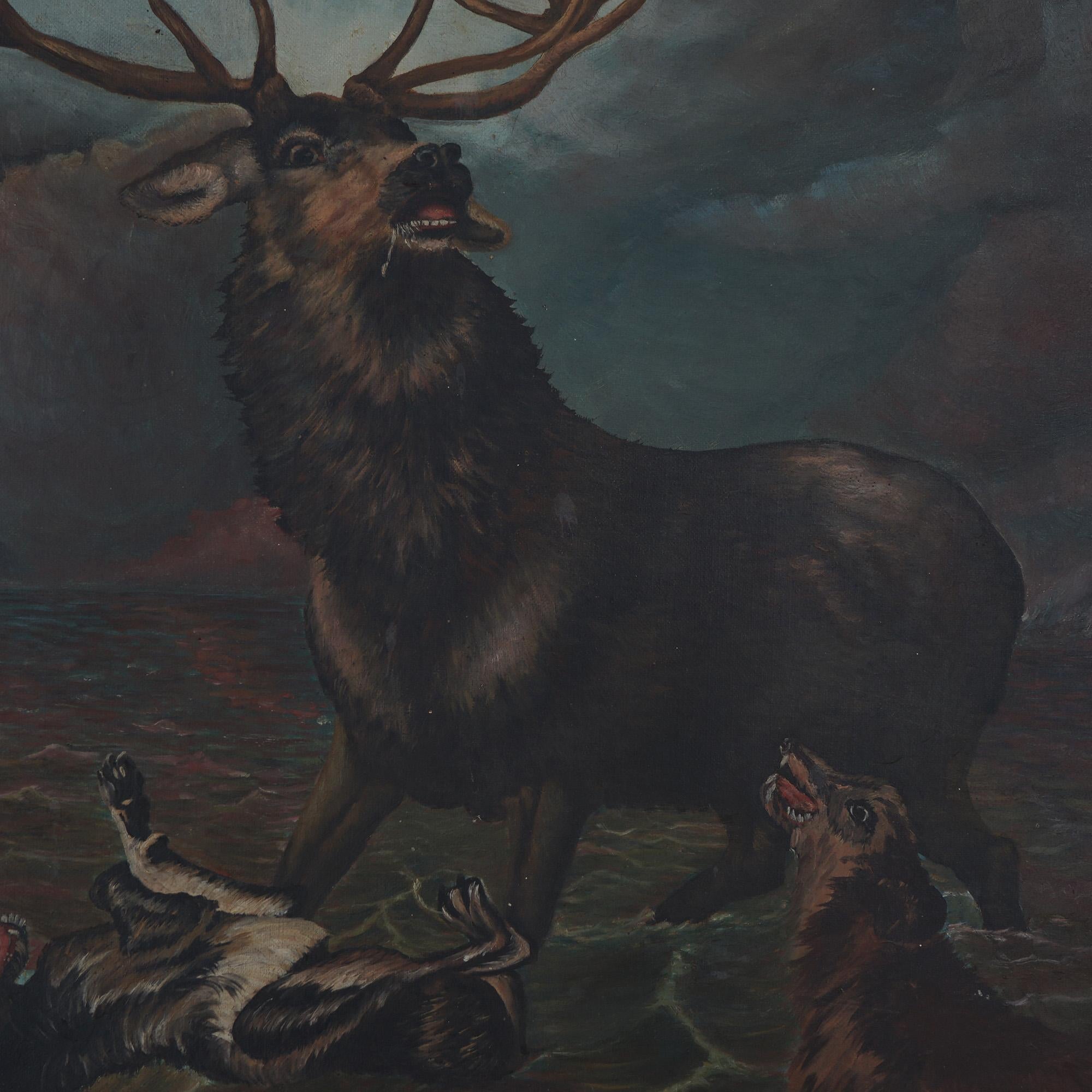 Antique Landscape Painting with an Elk and Wolves Circa 1890 For Sale ...