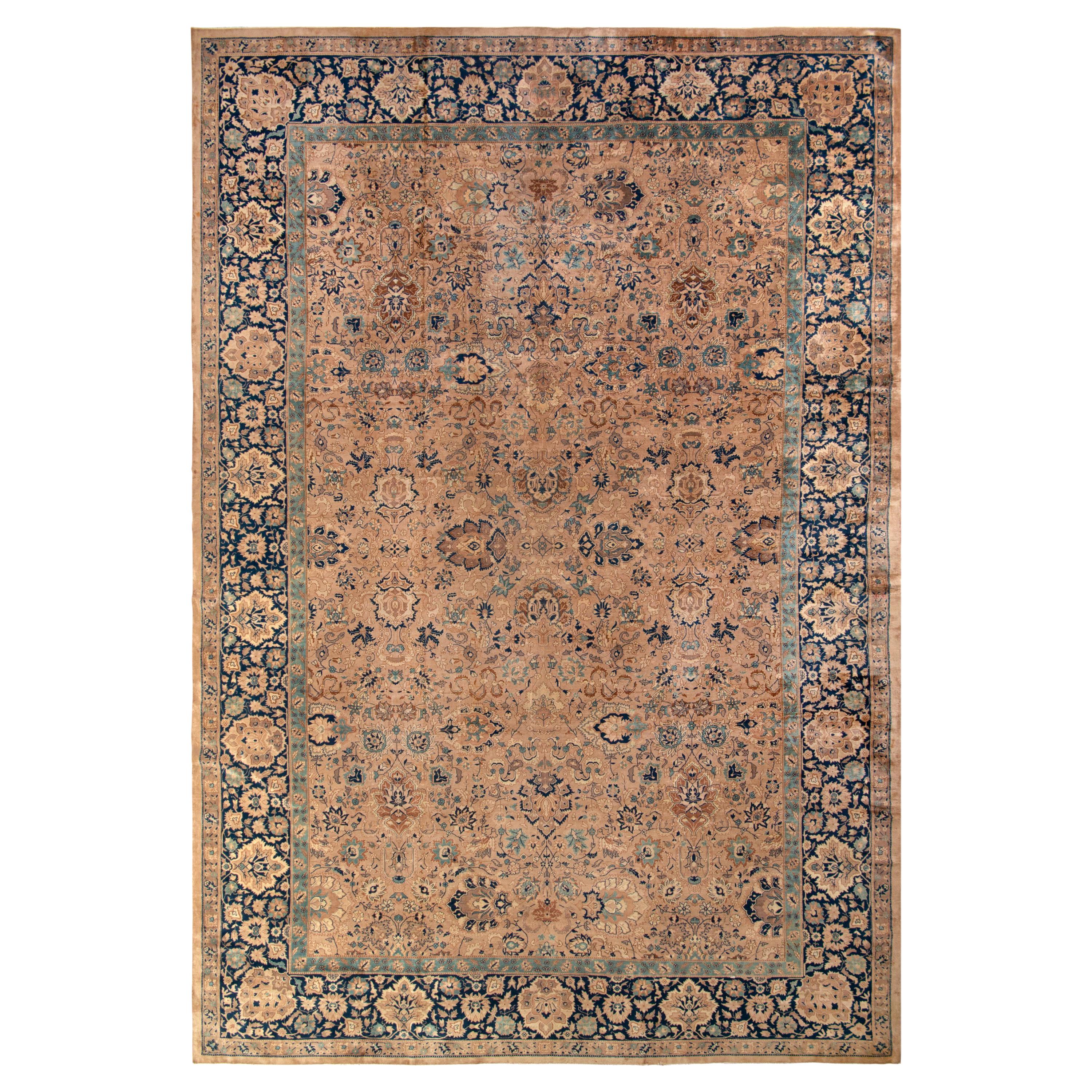 Antique Indian Amritsar Rug in Beige-Brown, Pink Floral Pattern by Rug ...
