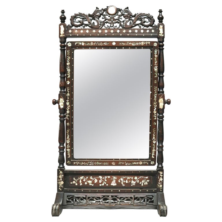 Large Asian Mother of Pearl Inlaid Figural Carved Table Mirror, 20th ...