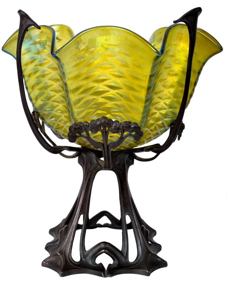 Antique Large Austrian Art Nouveau Loetz Iridescent Glass Bowl Bronze ...