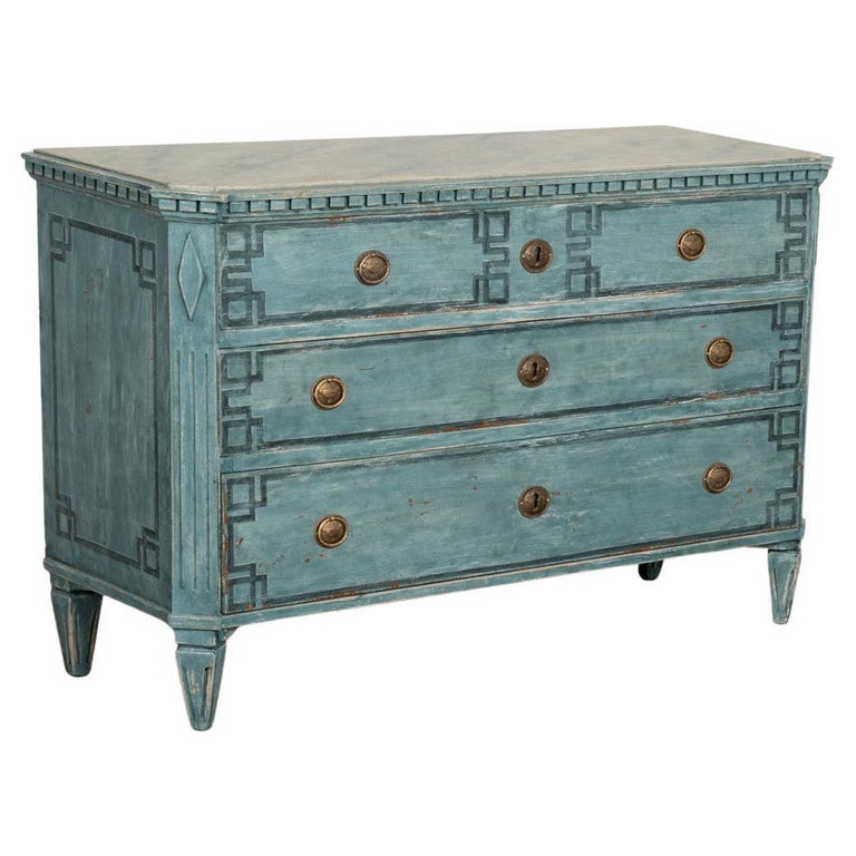 Antique Large Blue Painted Chest of 3 Drawers, Greek Key Motif, Sweden ...