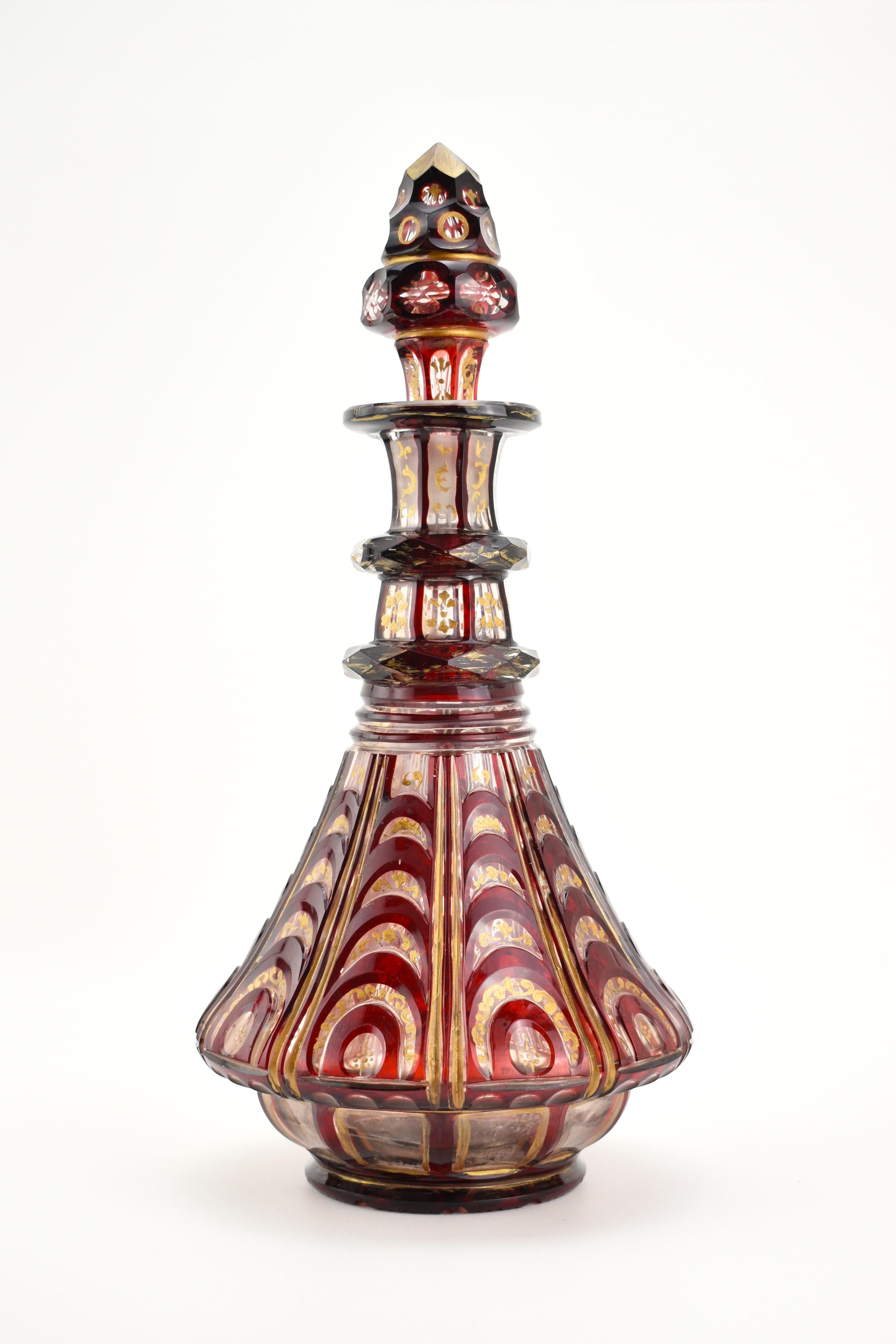 Antique Large Bohemian Ruby Red Enameled Overlay Glass Decanter, 19th ...