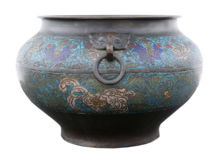 Antique Large Chinese Bronze Champlevé Planter Bowl For Sale at 1stDibs