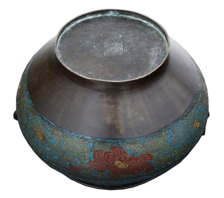 Antique Large Chinese Bronze Champlevé Planter Bowl For Sale at 1stDibs