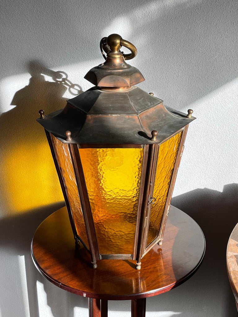 Antique and Large Copper Lantern / Pendant Light with Cathedral Glass Late 1800s For Sale at 1stDibs