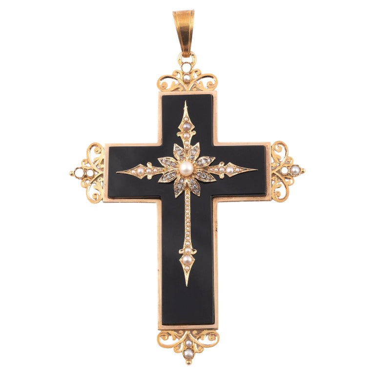Antique Large Gold Onyx and Rose Diamond French Cross Pendant For Sale ...