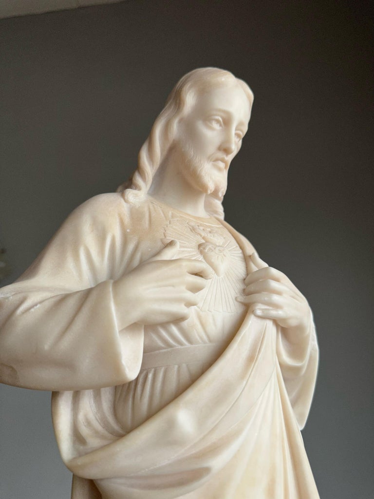 Antique and Large, Hand Carved Alabaster Sacred Heart of Christ ...